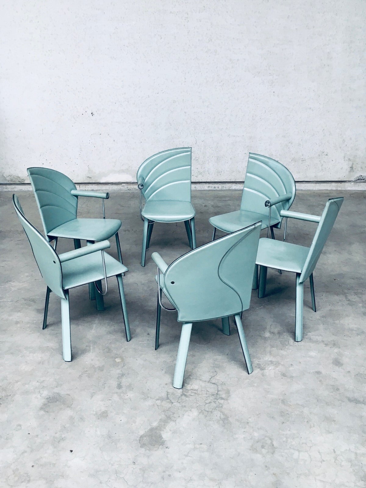 Postmodern Design Leather Dining Chair set, Italy 1980's