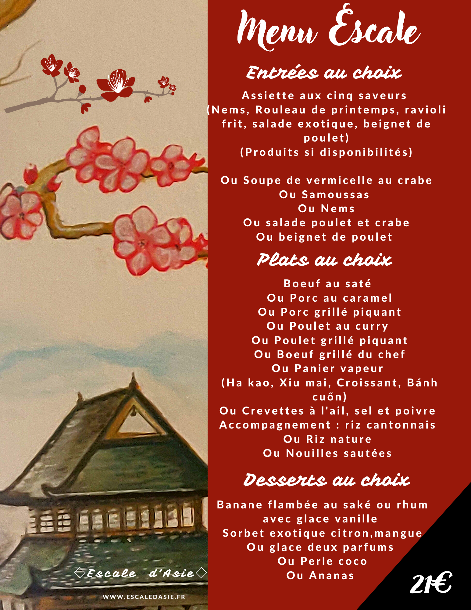 Menu Escale 21€ / Menus à la Carte | Escale d'Asie Villeneuve sur Lot