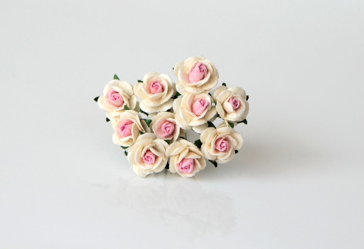 CREAM and SOFT PINK CENTRE MINIATURE OPEN ROSES Mulberry Paper Flowers ...
