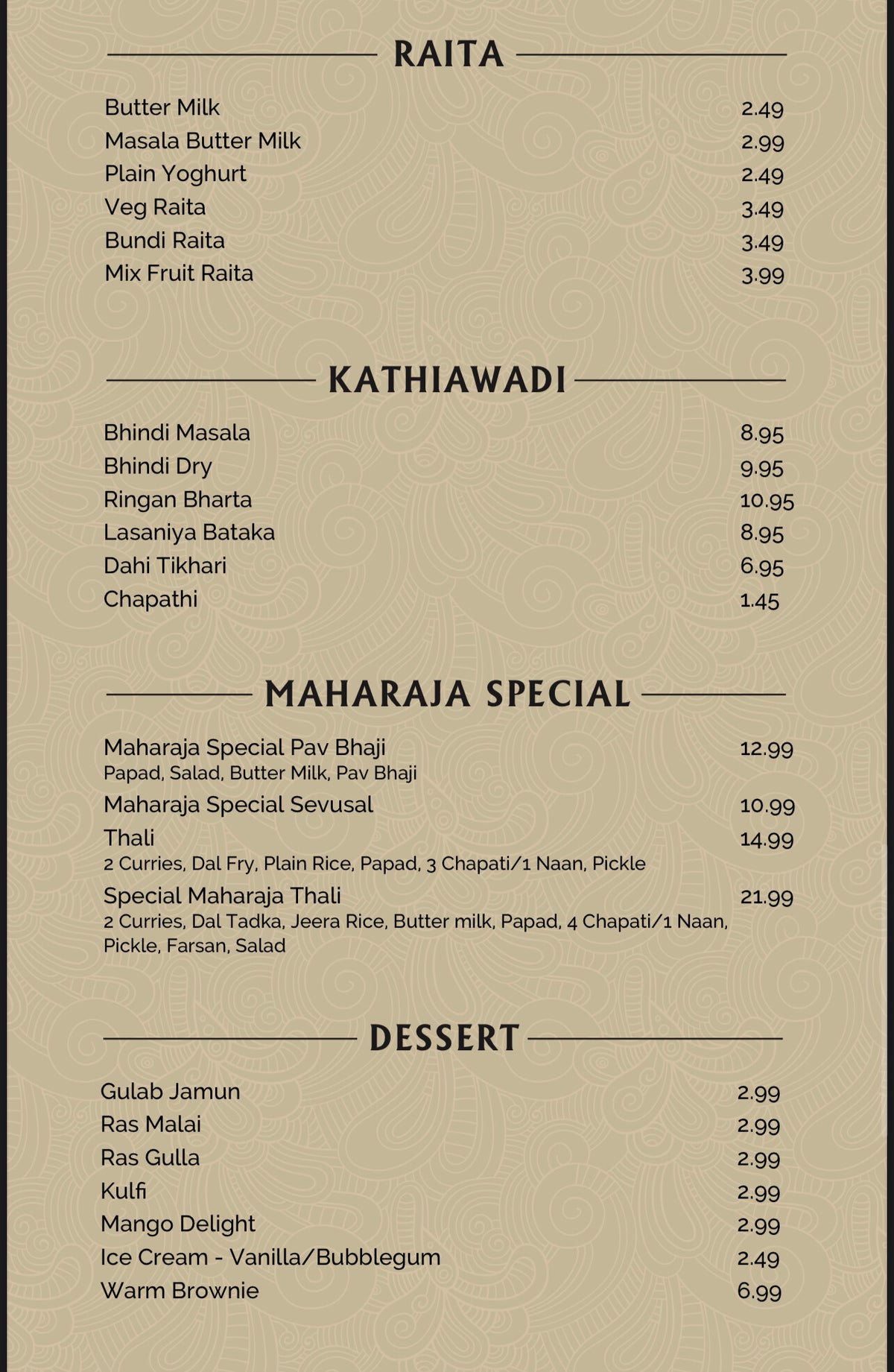 Menu | The Maharaja Veg Restaurant and Bar