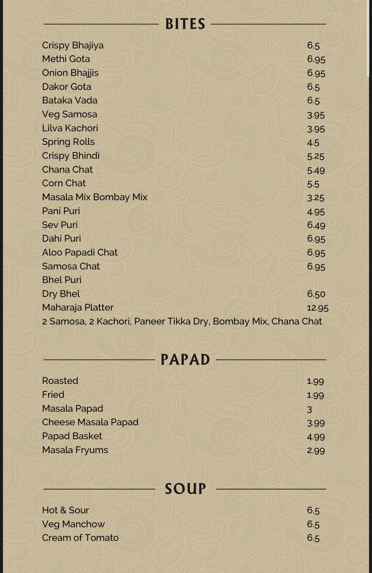 Menu | The Maharaja Veg Restaurant and Bar