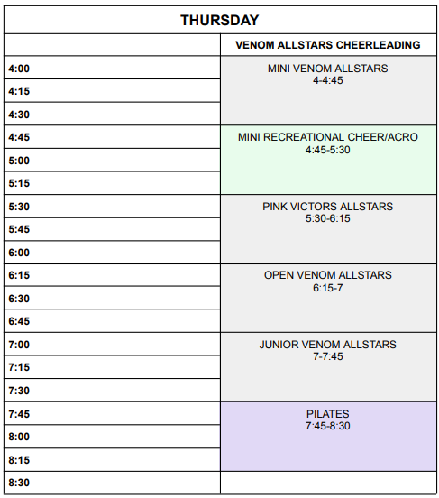 Timetable/Fees | Venom Allstar Cheerleading