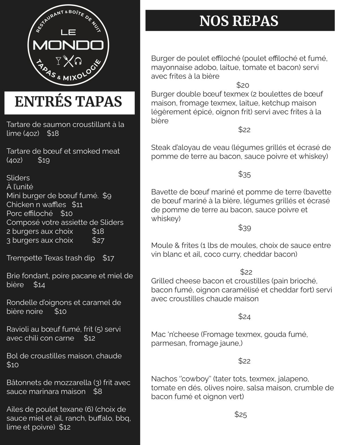 Menu | le mondo tapas et mixologie