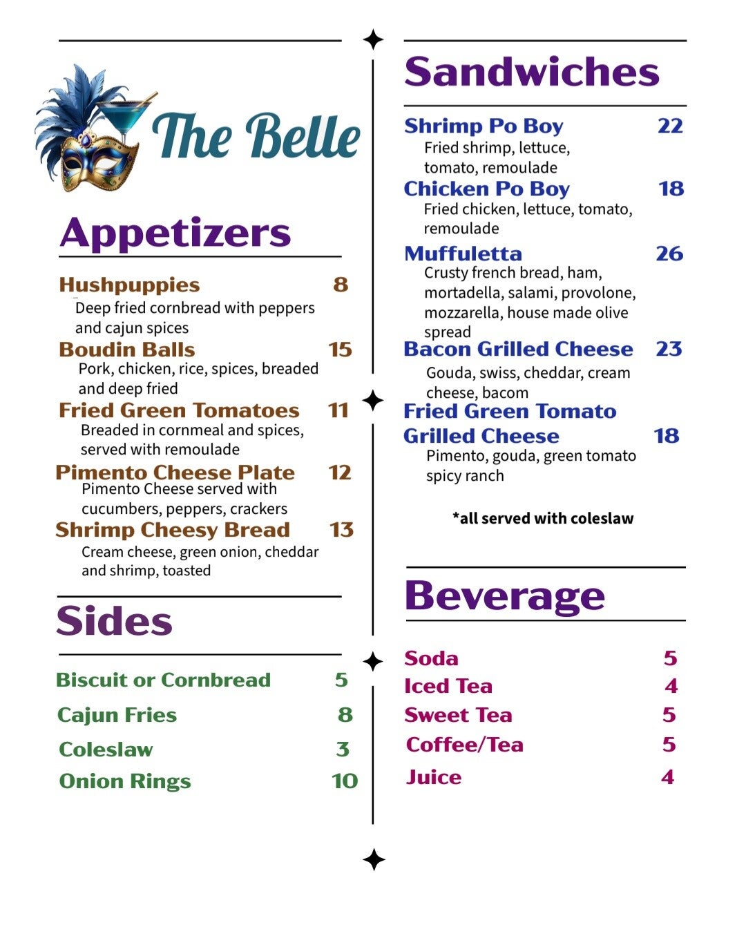 Menu | The Belle