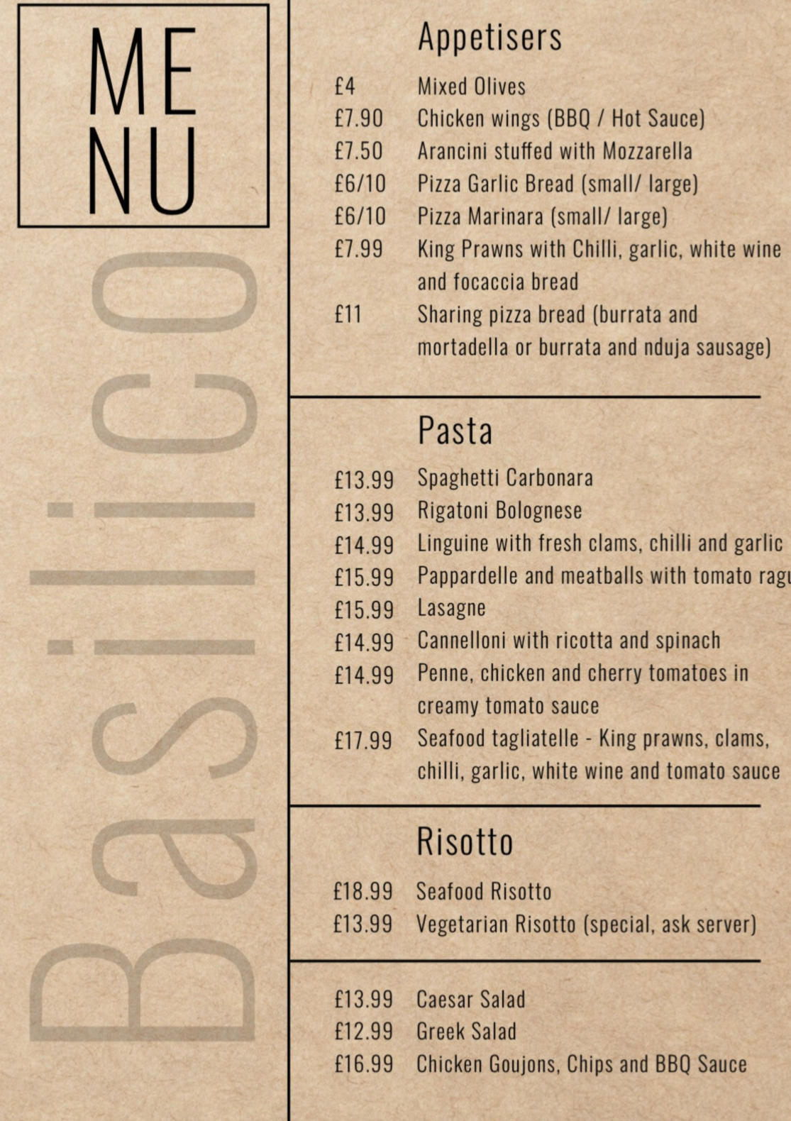Menu | Basilico Dungannon