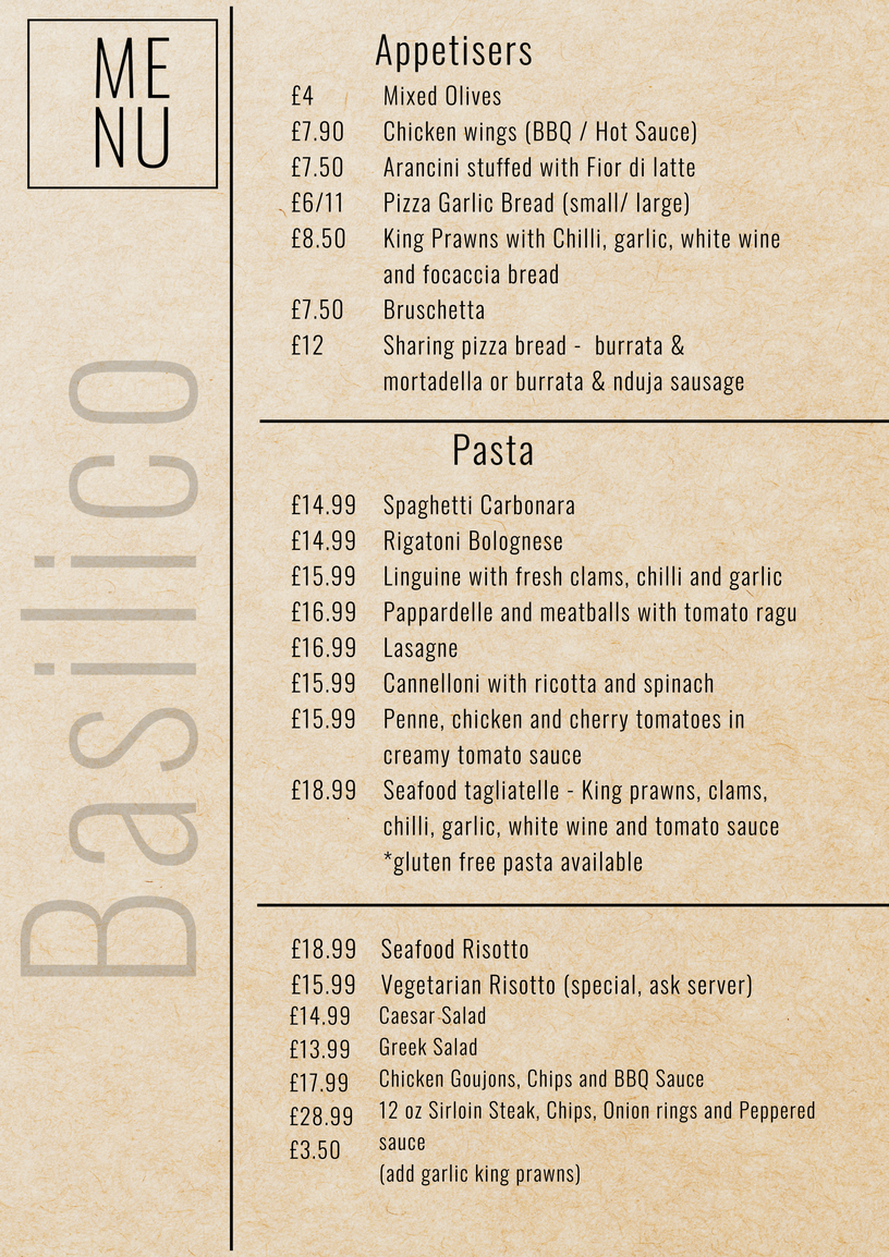 Menu | Basilico Dungannon