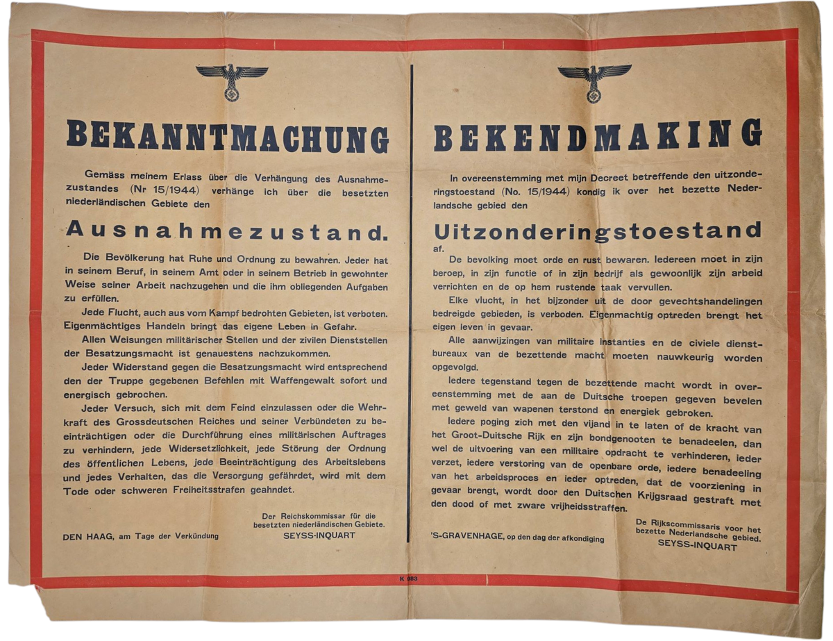 Original WW2 Dutch Poster - Notice ''Uitzonderingstoestand'', Seyss ...