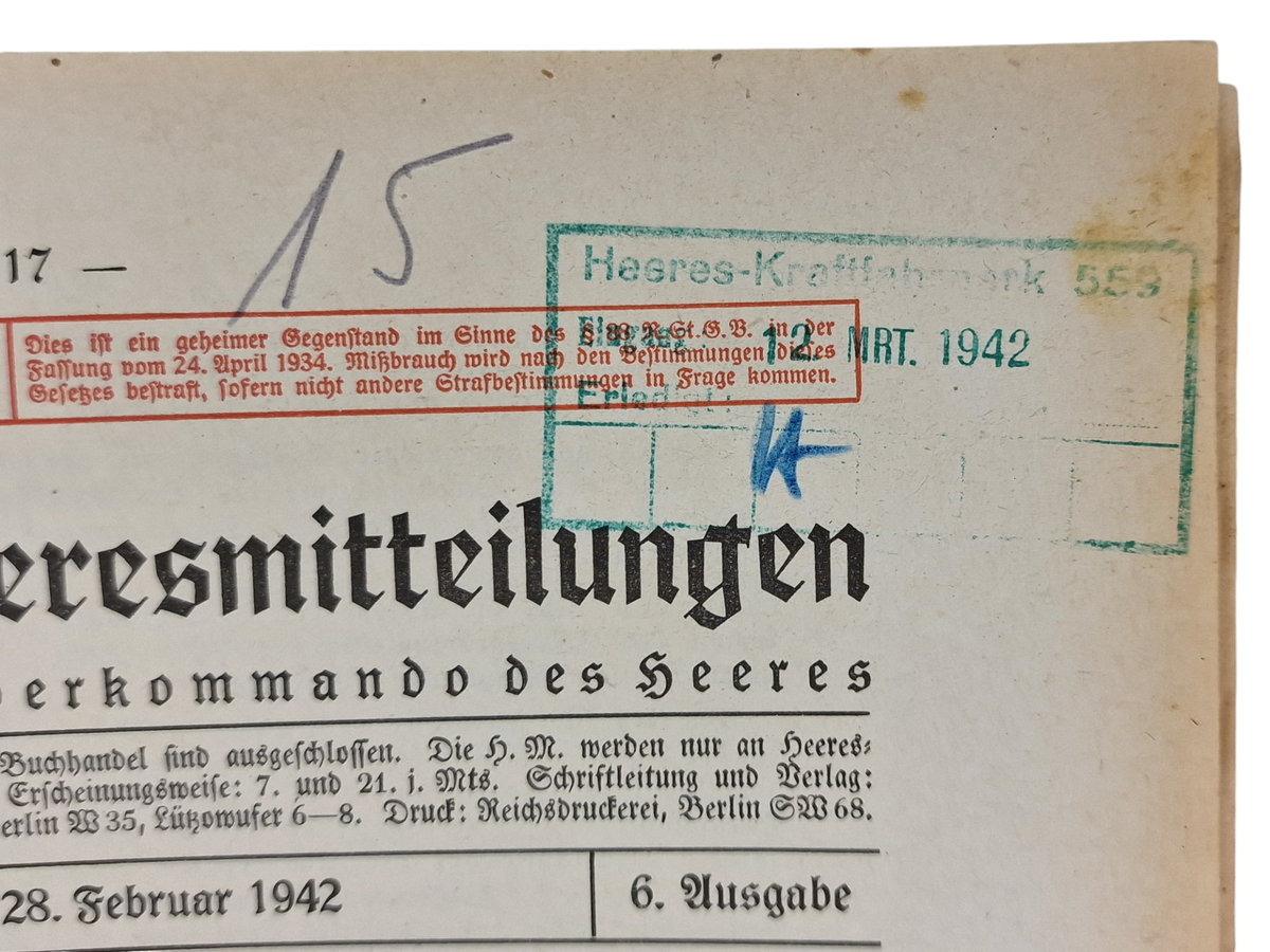 Original WW2 German Document - Allgemeine Heeresmitteilungen, 9th year ...