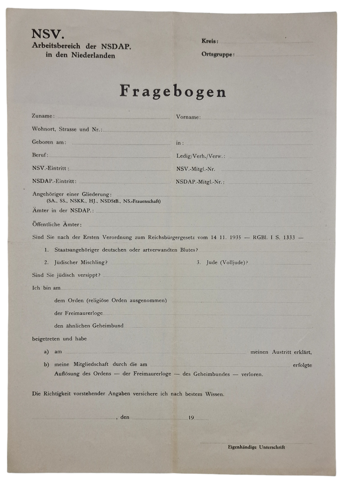 Original WW2 Dutch Collaboration NSV Document - Fragebogen Question ...
