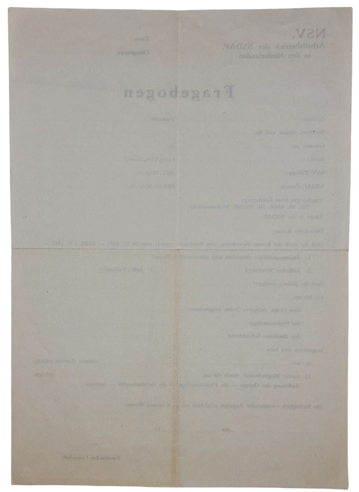 Original WW2 Dutch Collaboration NSV Document - Fragebogen Question ...