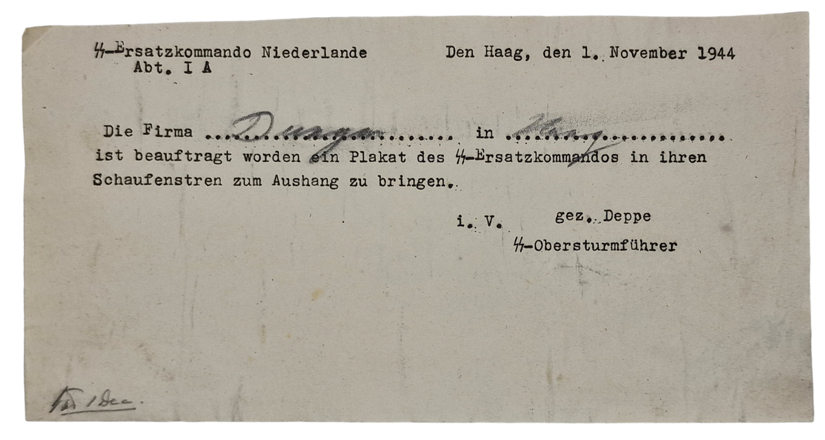 Original WW2 Dutch Waffen SS Document - SS Ersatzkommando Niederlande ...
