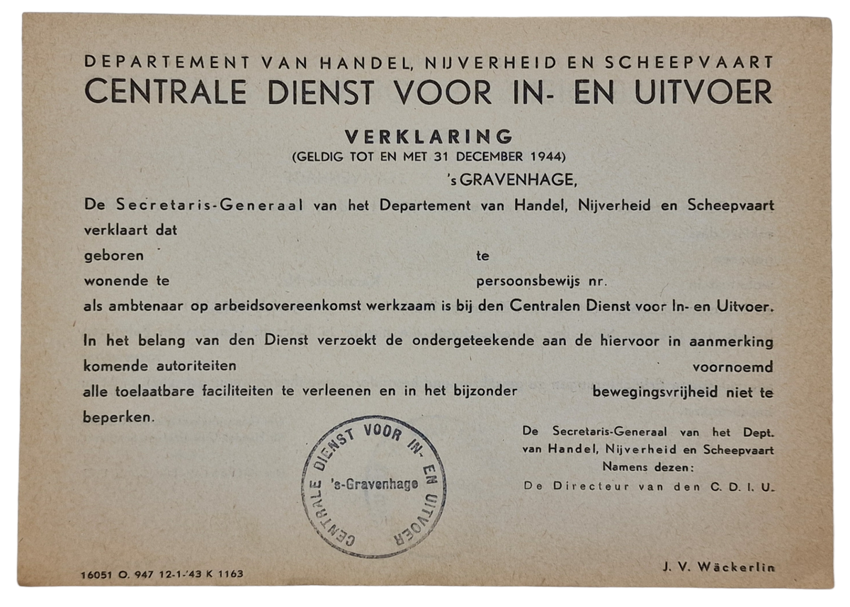 Original WW2 Dutch Document - Ausweis Centrale dienst voor in- en ...