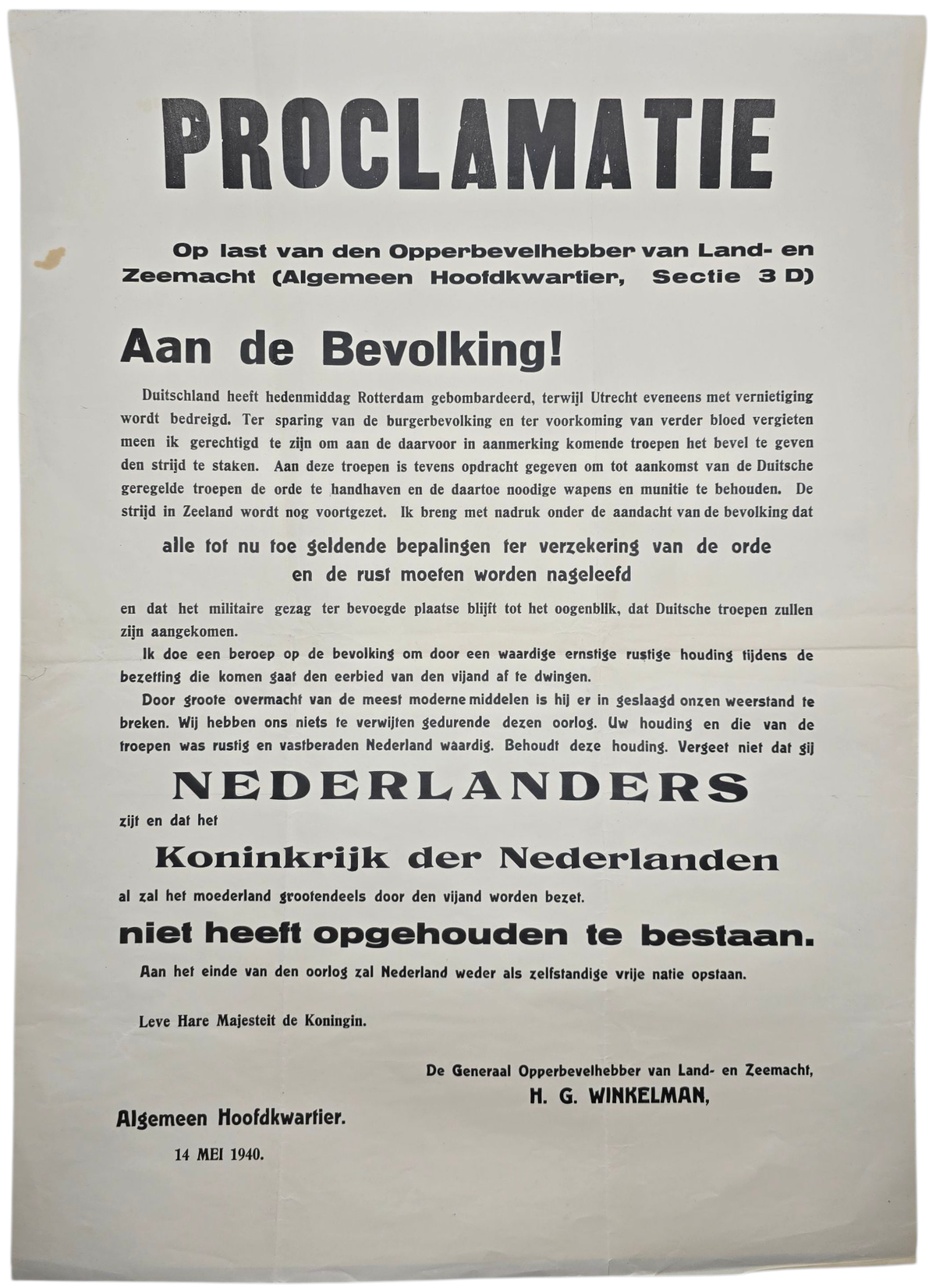 Original WW2 Dutch Poster - Proclamatie Generaal Winkelman, 14th of May ...