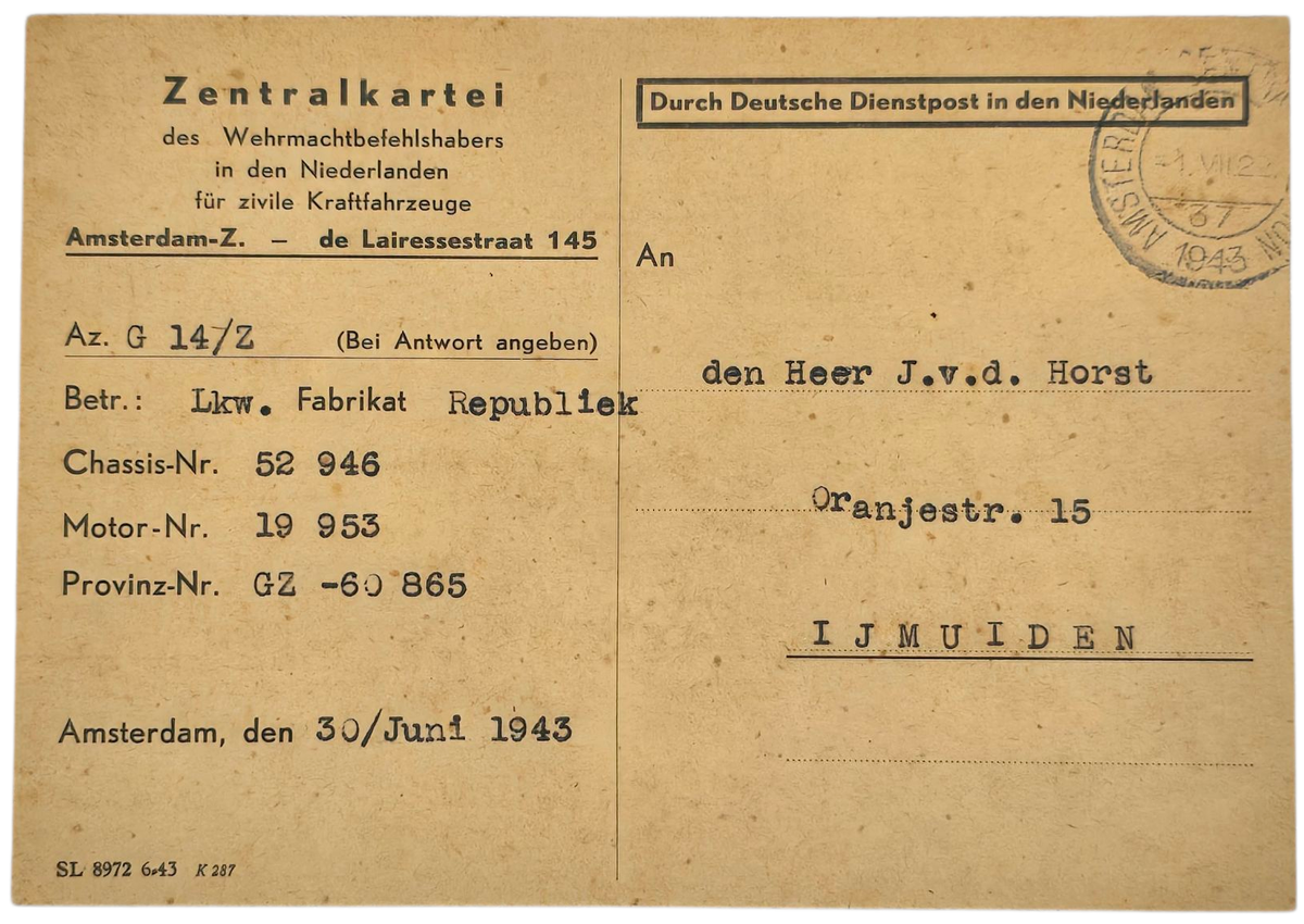 Original WW2 Dutch Document - Zentralkartei civil vehicles, Ijmuiden ...