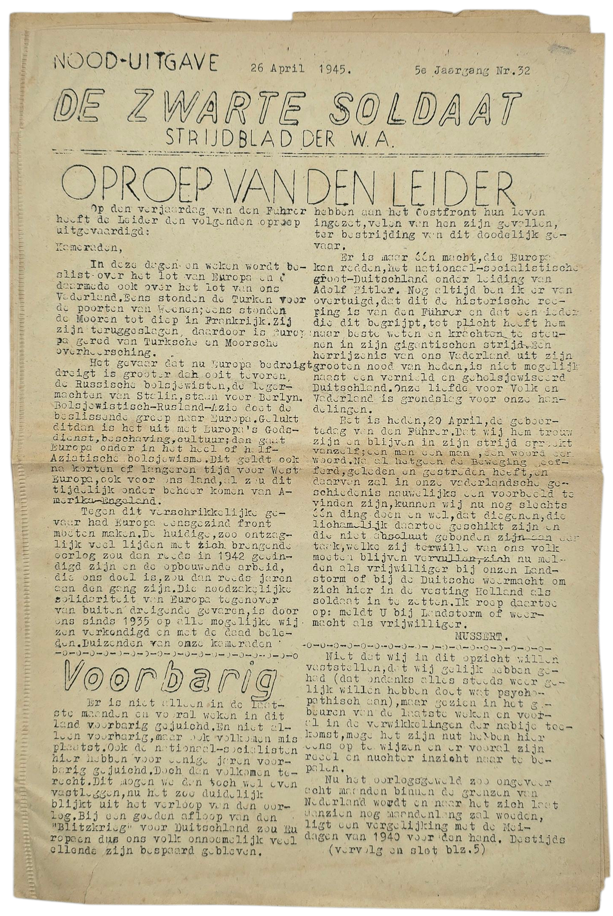 Original WW2 Dutch Collaboration NSB Newspaper - Zwarte Soldaat 5th ...