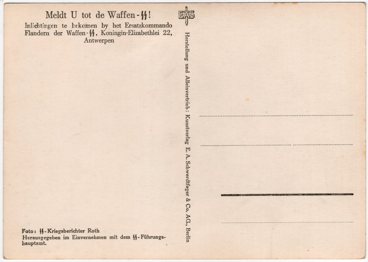 Original WW2 Flemish Waffen SS Postcard - ''Meldt U tot de Waffen-SS ...