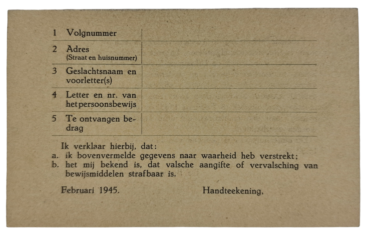Original WW2 Dutch Document - Infocard for a bescheinigung, The Hague