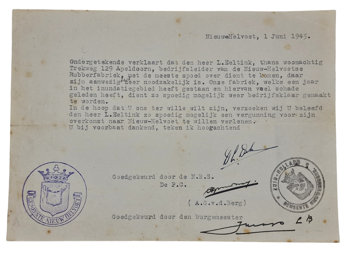 Original WW2 Dutch Document - NBS Travelpermit Nieuw-Helvoet Apeldoorn ...
