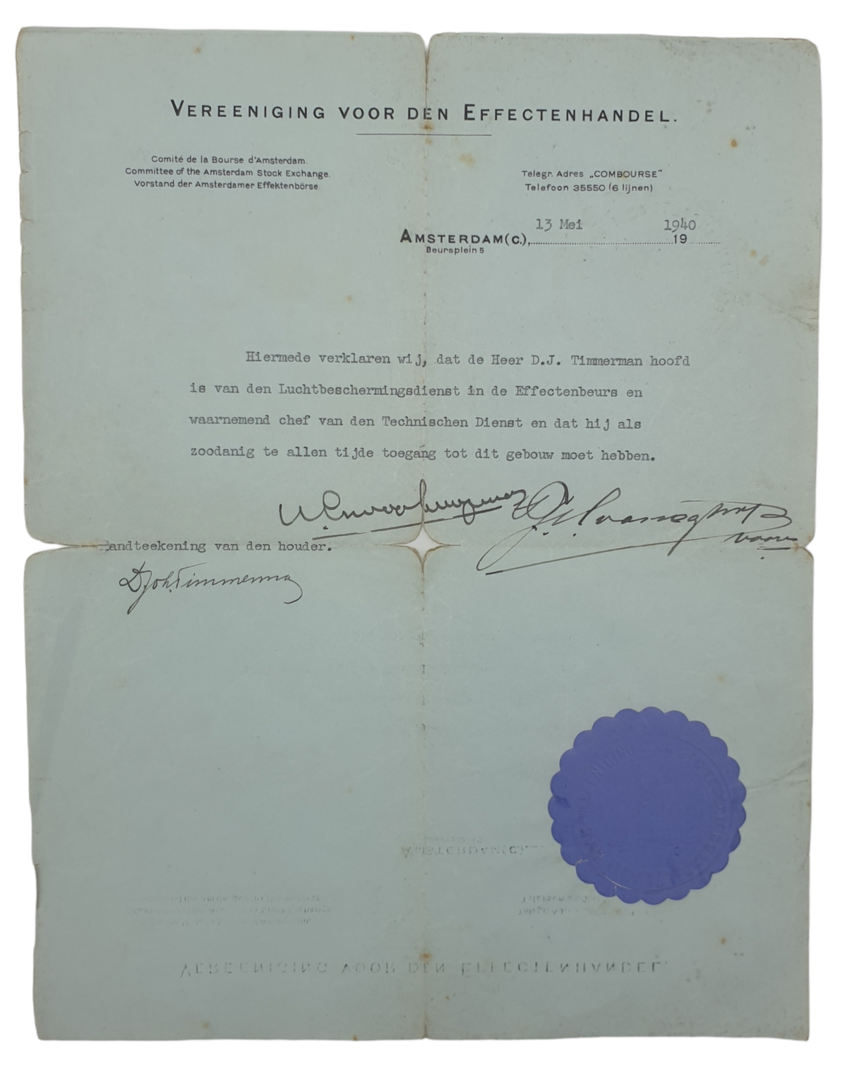 Original WW2 Dutch Document - LBD Luchtbeschermingsdienst Amsterdam ...