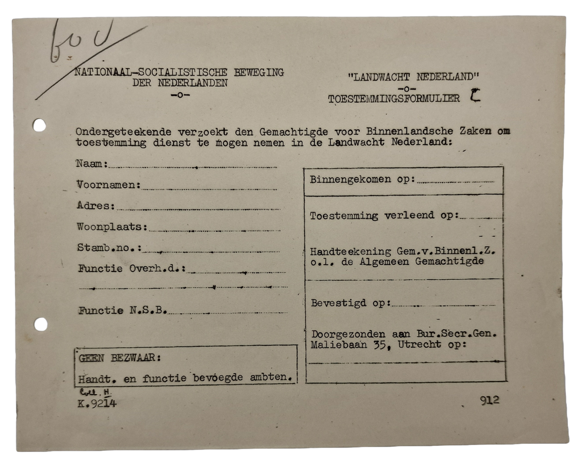 Original WW2 Dutch Collaboration Document - Landwacht Nederland form C