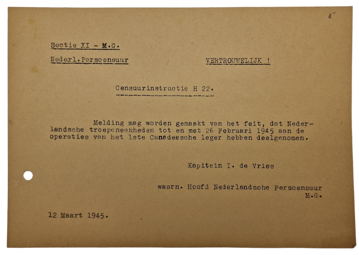 Original WW2 Dutch Allied Document - MG Militair Gezag, H 22 Censorship ...