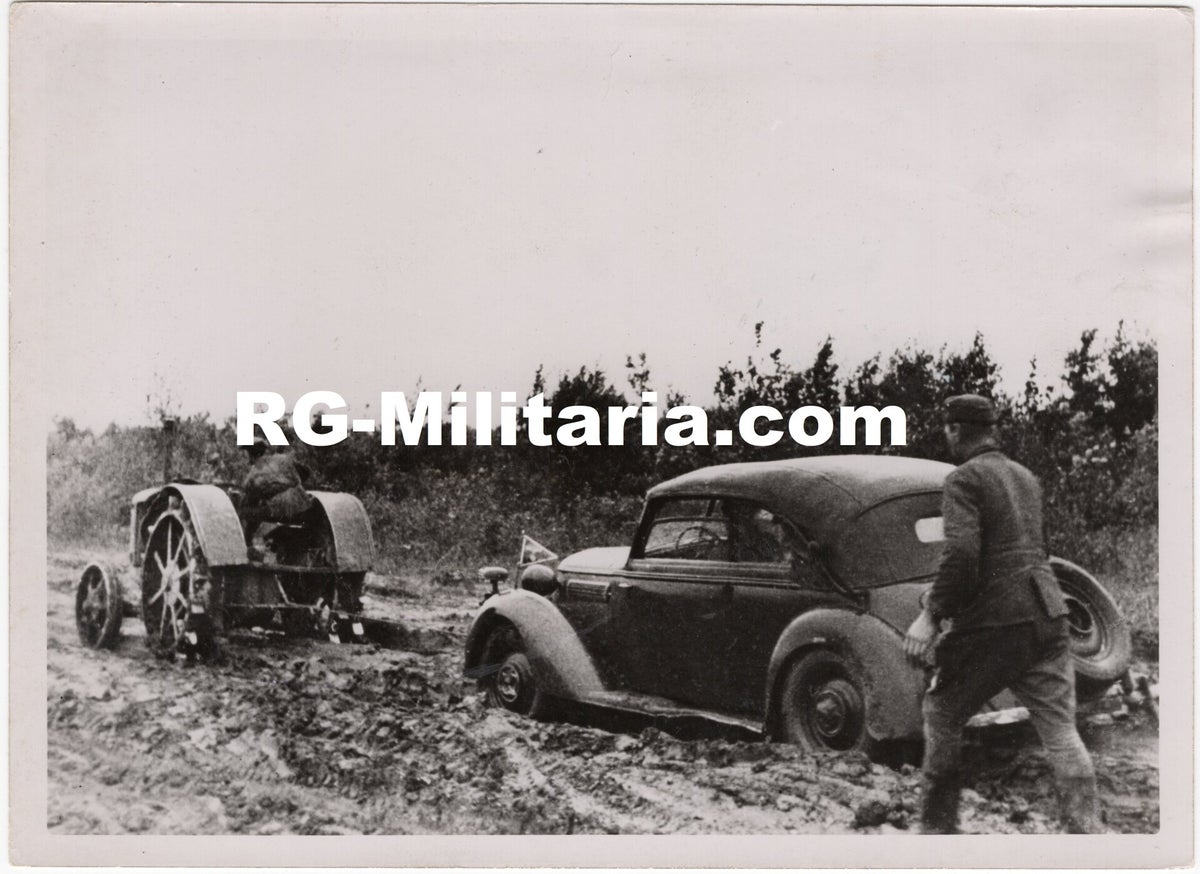 Original WW2 German Press Photo - German Officer's car stuck in the mud ...