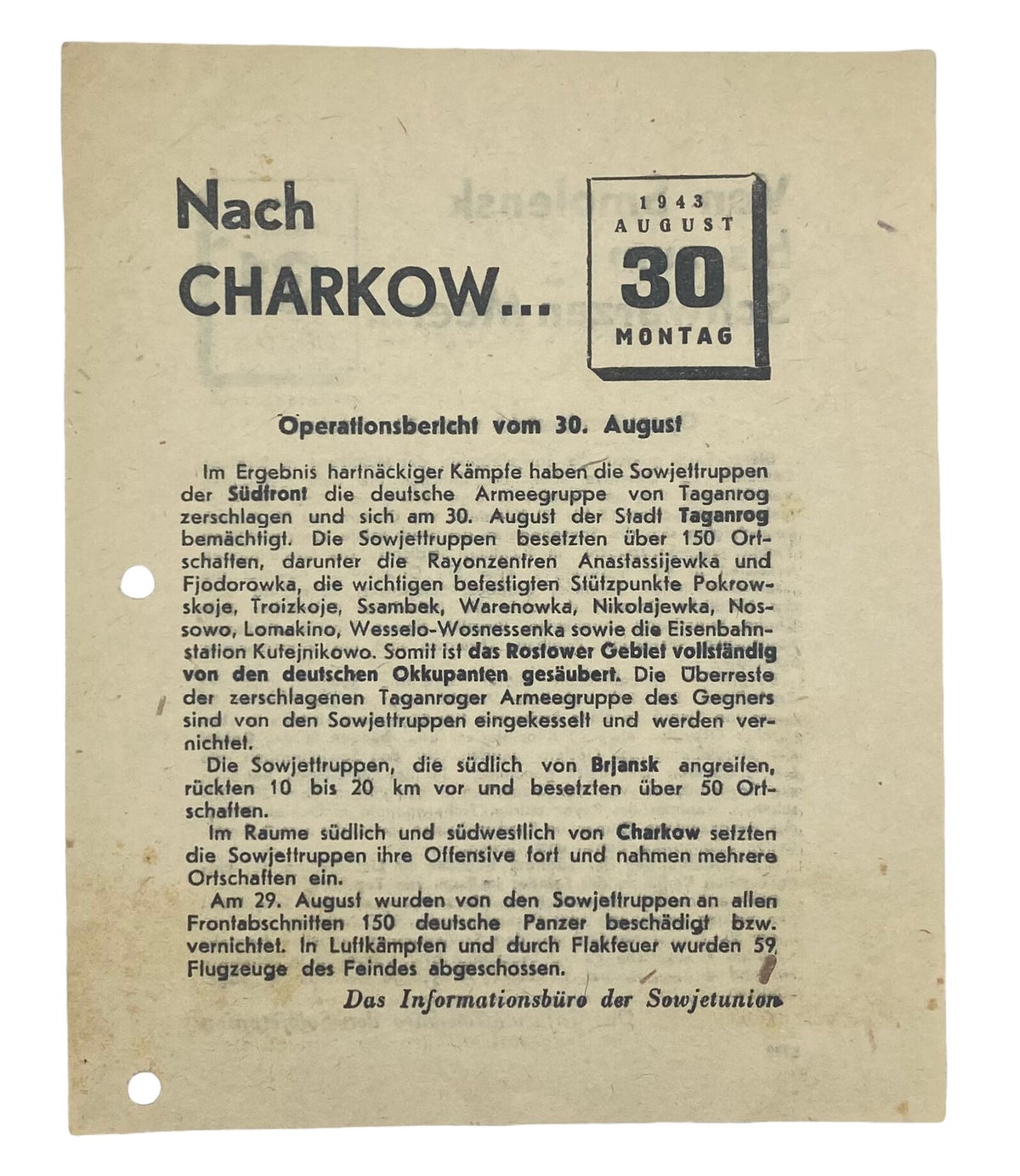 Original WW2 Russian Leaflet - 2739 "Von Smolensk Nach Charkow" (1943)