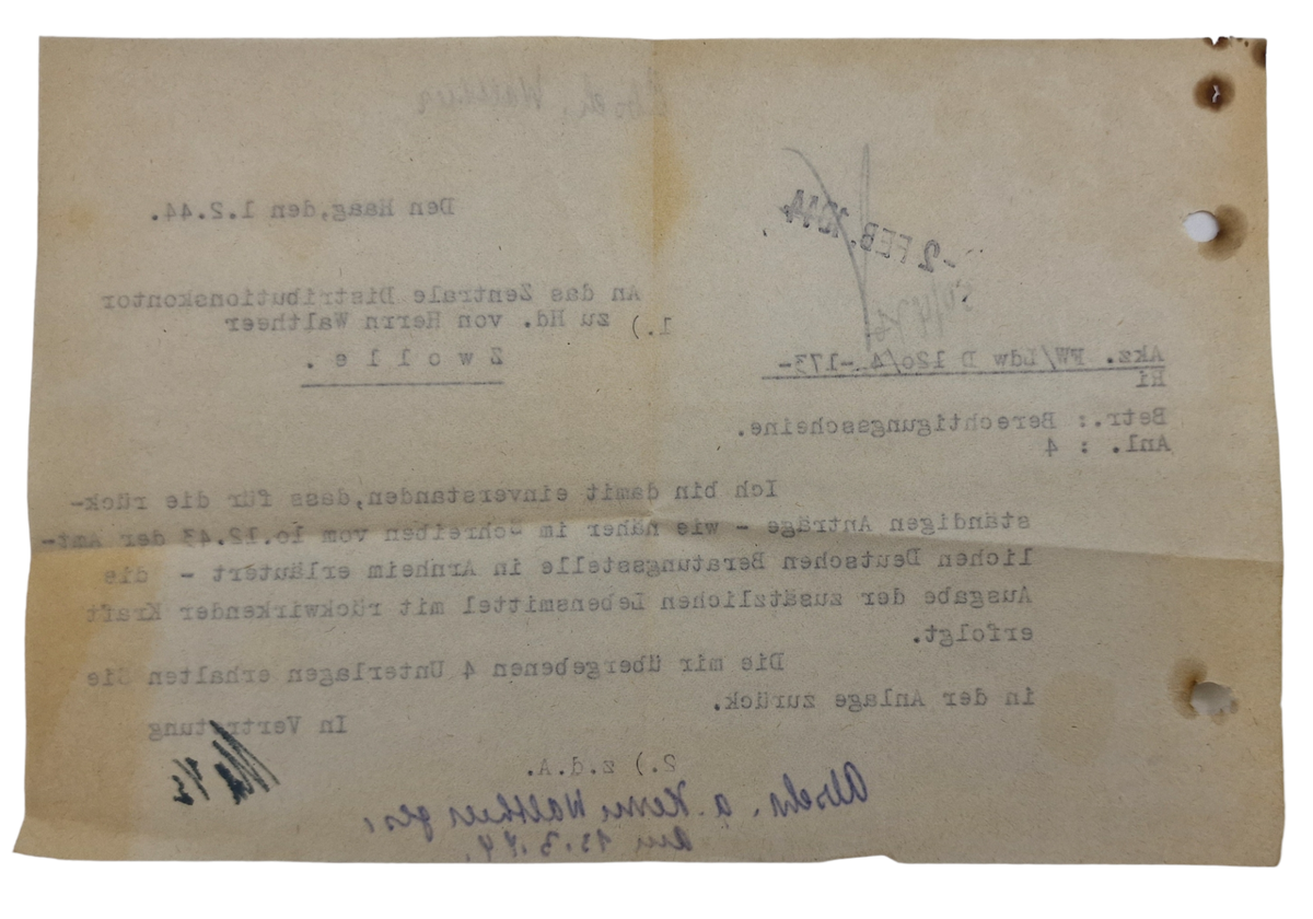 Original WW2 Dutch Document - Berechtigungsscheine Zwolle Arnhem (1944)