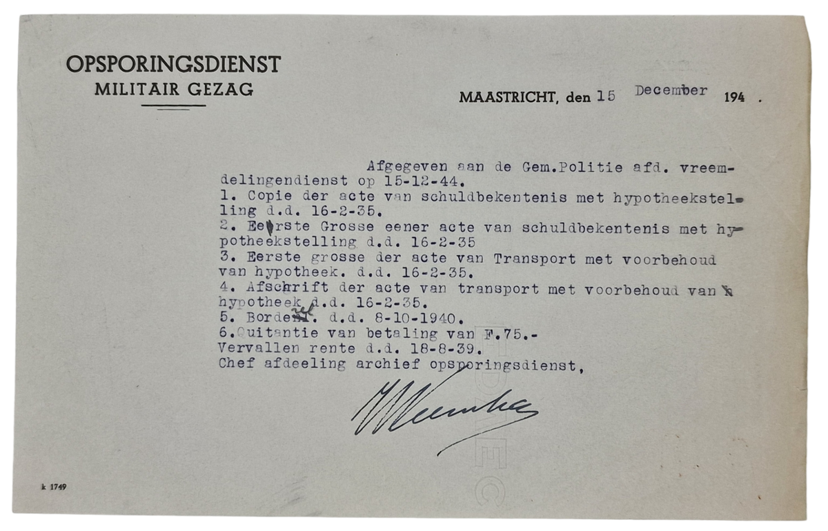 Original WW2 Dutch Document - Police MG Militair Gezag debt overview ...