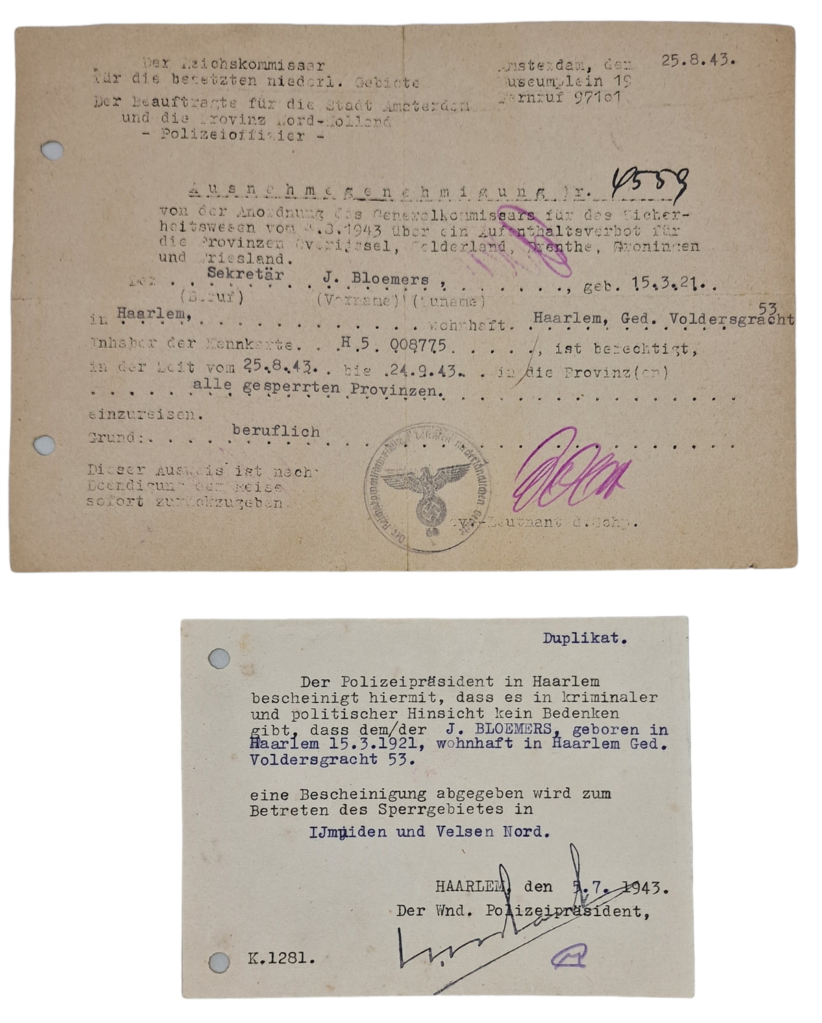 Original WW2 Dutch Document - Haarlem ausweis set (1943 1945)