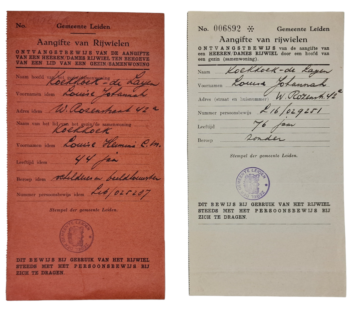 Original WW2 Dutch Document - Bicycle permit Leiden