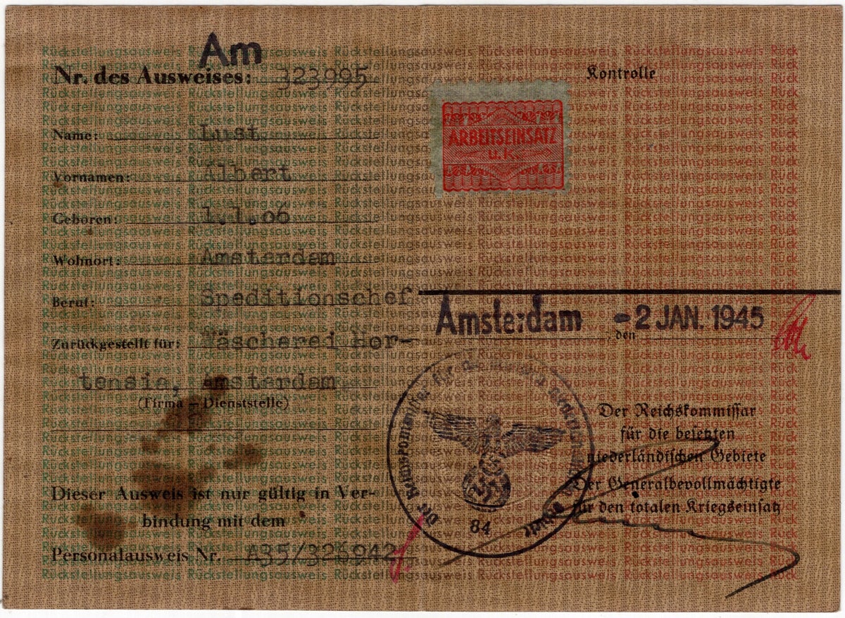 Original WW2 Dutch Document - Rückstellungsausweis Amsterdam (1945)