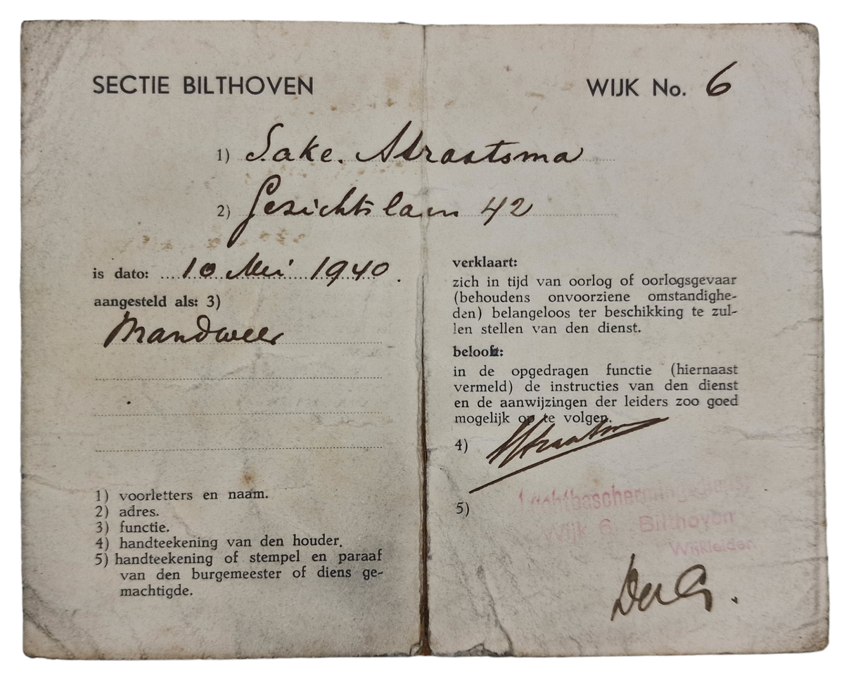 Original WW2 Dutch LBD Document - Luchtbeschermingsdienst Firemen ID ...