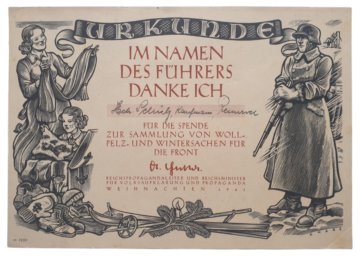 WW2 original German Document - Winterhilfe Urkunde 1941