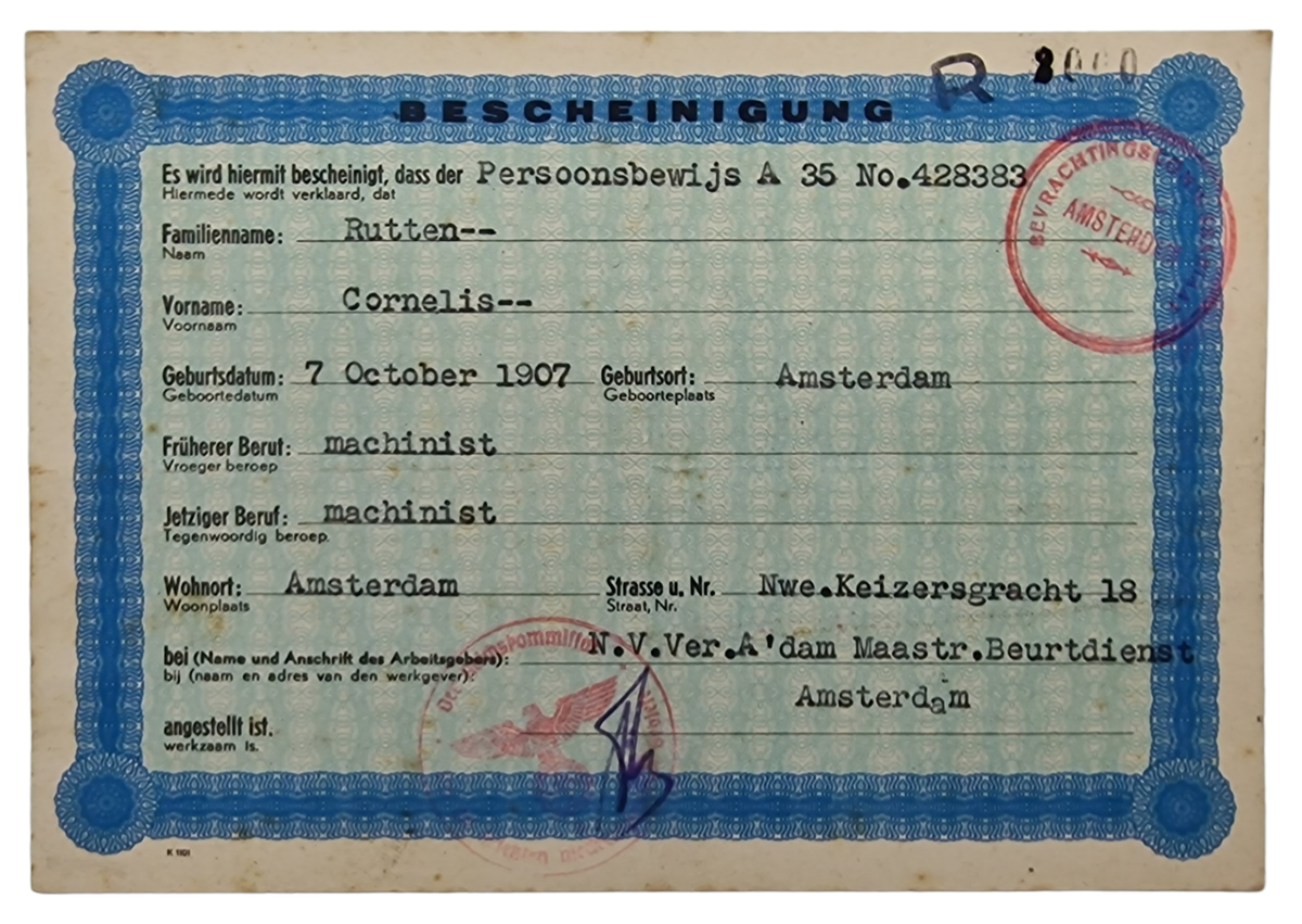 Original WW2 Dutch Document - Bescheinigung Amsterdam