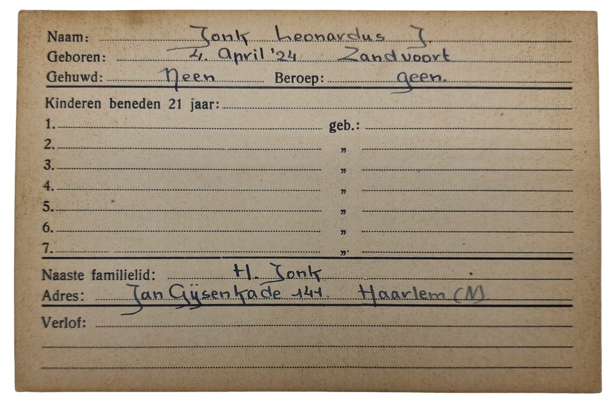 Original WW2 Allied Document - Registration card Dutch interpreter in ...