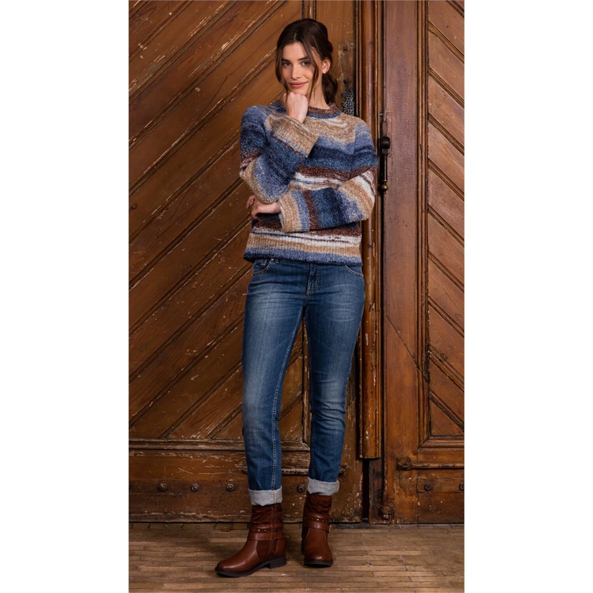 Boxy trui in spacedyed bouclegaren met lurex effect | Annelies Mode