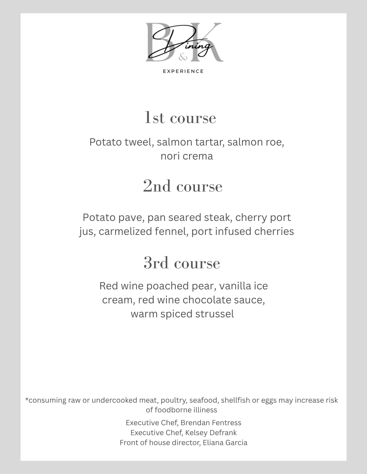 Sample menus | B&K Dining Experience