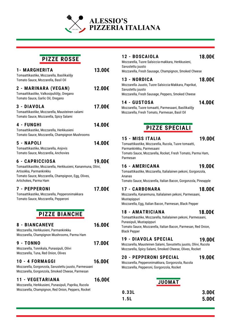 Menu | Alessio´s Pizzeria Italiana
