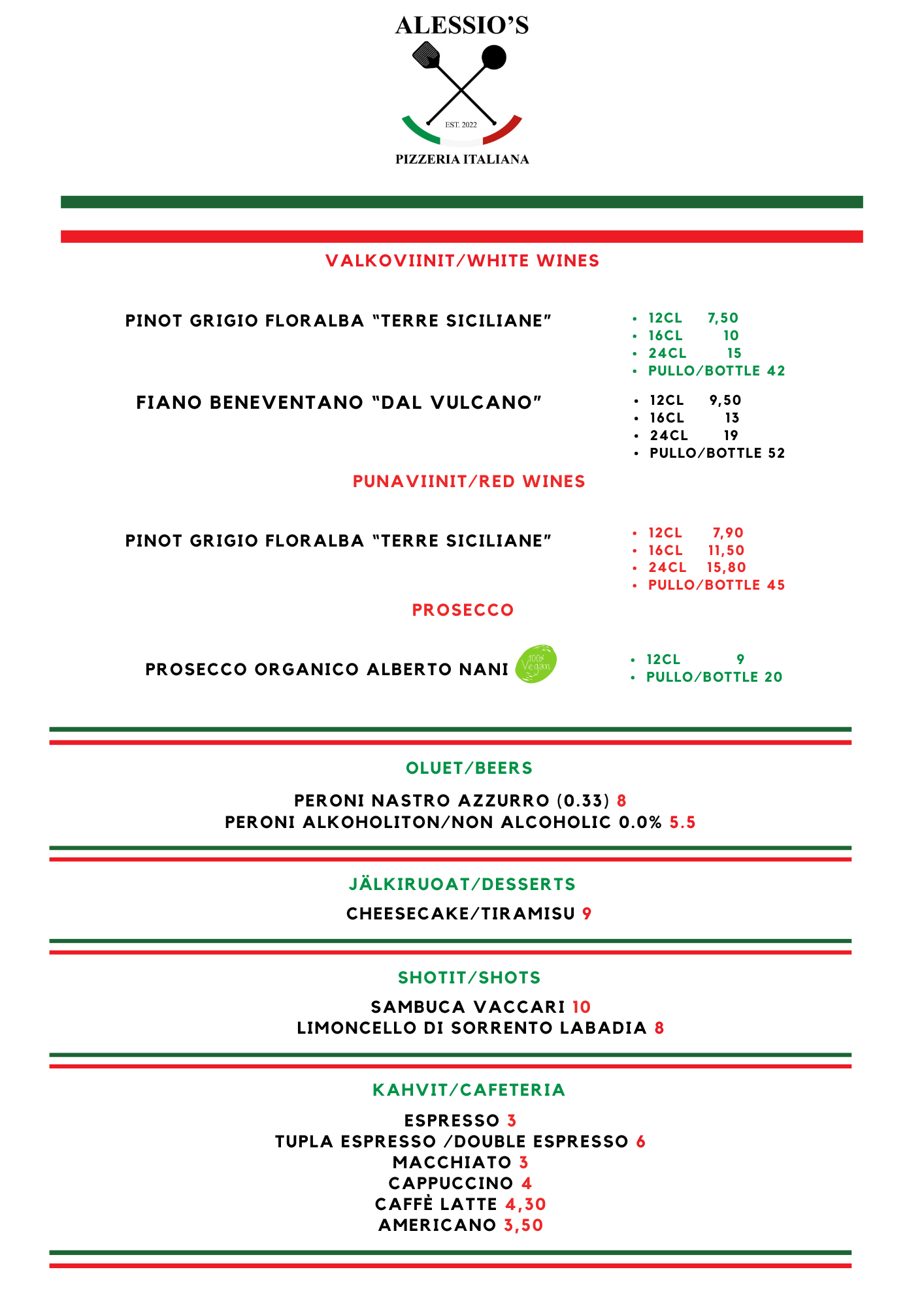 Menu | Alessio´s Pizzeria Italiana