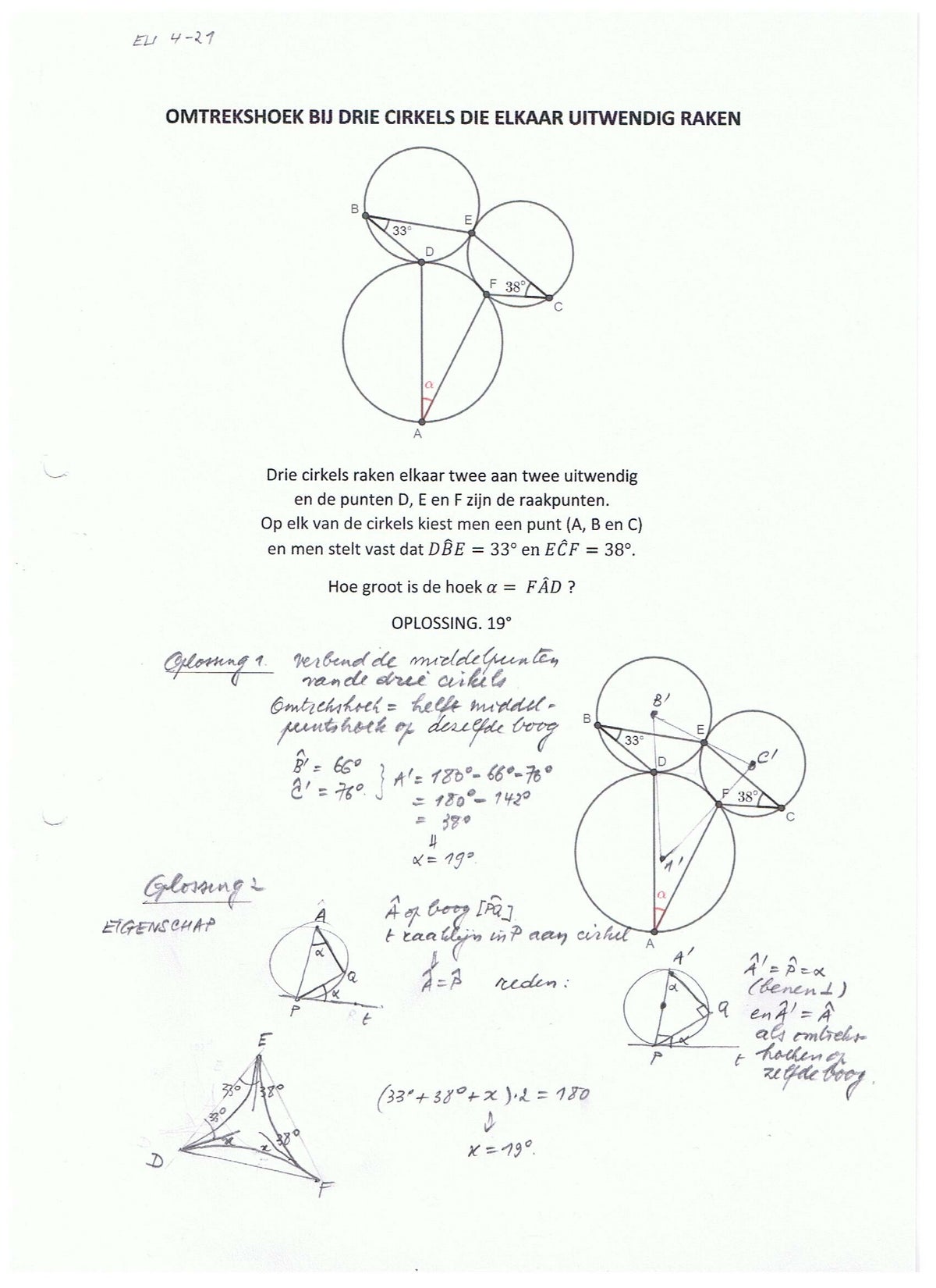 OPGAVE 21. Omtrekshoek bij drie rakende cirkels | EUCLIDEA 4 OPGAVE 21. Omtrekshoek bij drie rakende cirkels | EUCLIDEA 4