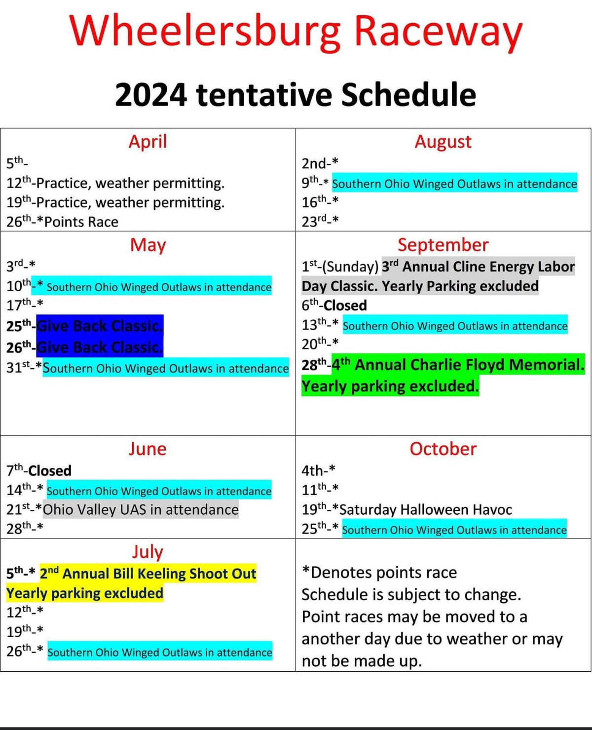2024 Schedule | Wheelersburg Raceway