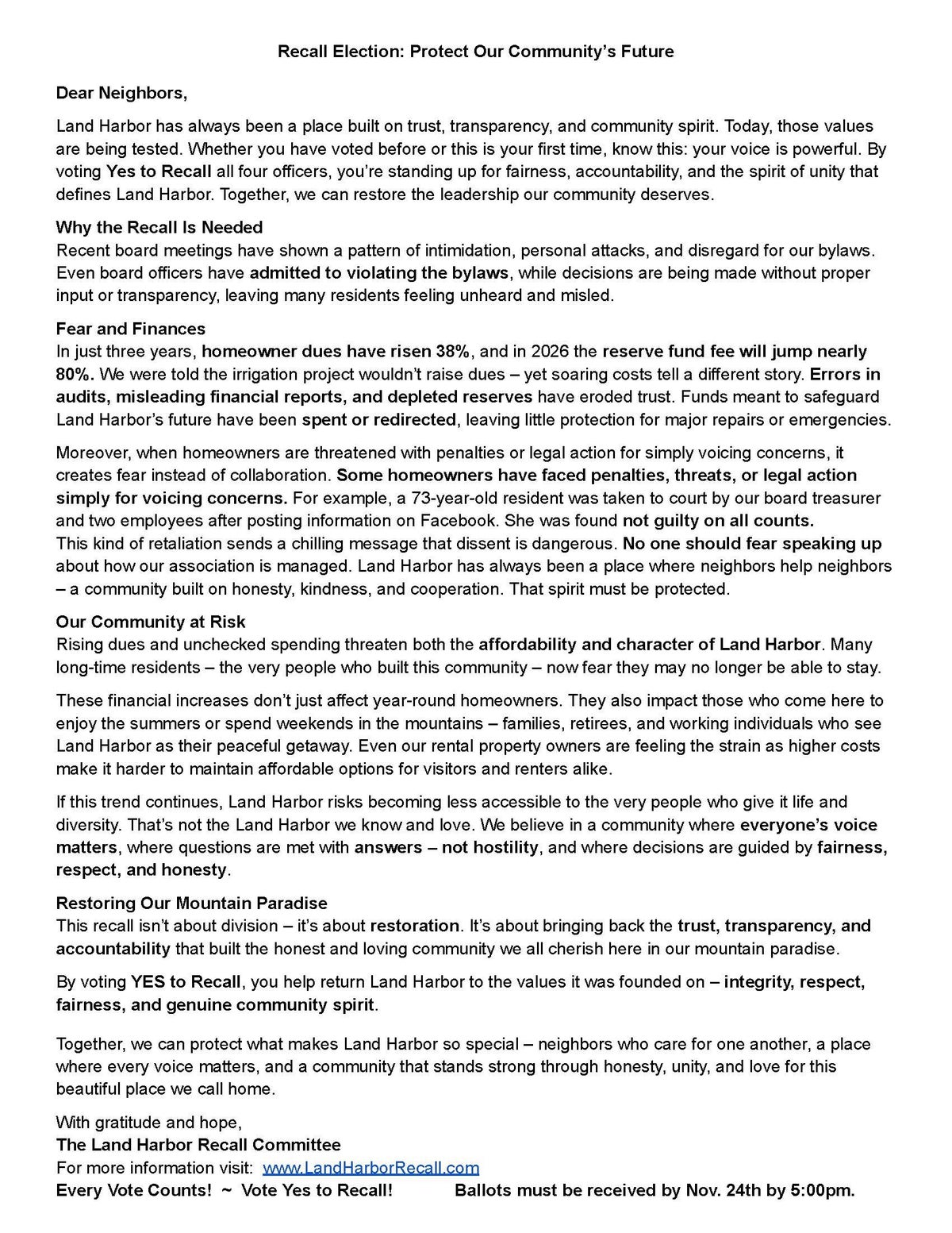 Mailings | Linville Land Harbor Board Recall 2025