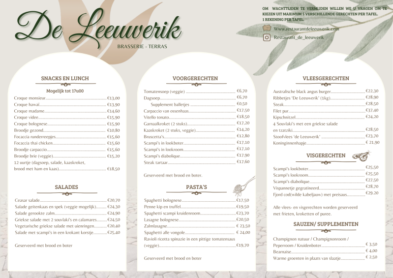 Menukaart - restaurant de Leeuwerik