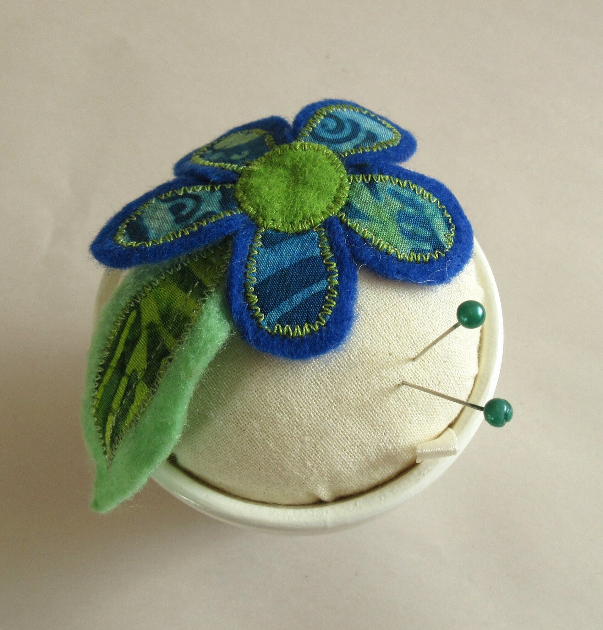 Flower Pot Pincushion - Blue & Green Flower - Small