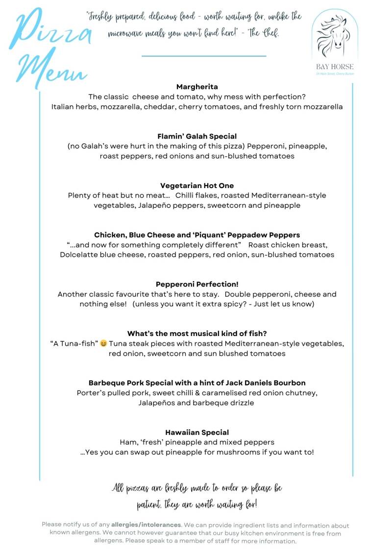 Menu | The Bay Horse, Cherry Burton