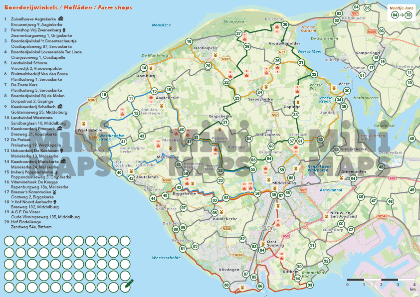 Fietskaart Walcheren - Boerderijwinkels en molens | minimaps.nl