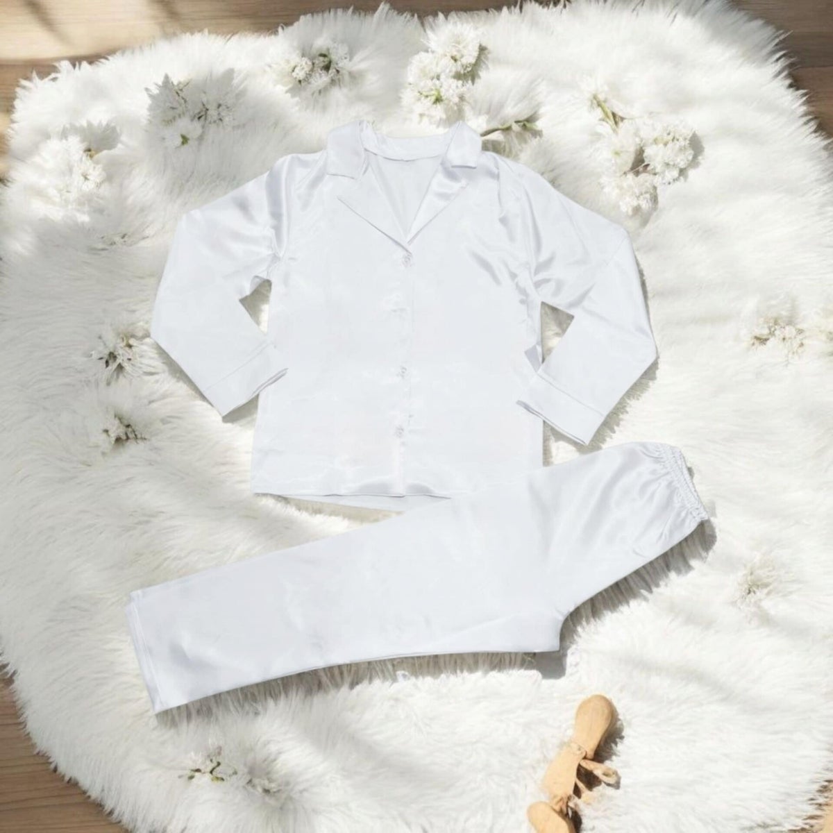 -Pearl White Satin Long Pyjamas | Shamrock Wholesale Blanks LTD