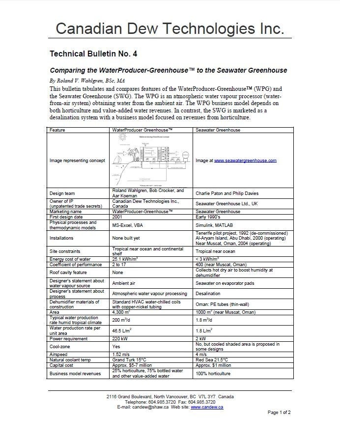 Technical Bulletin No. 4 | Canadian Dew Technologies Inc.